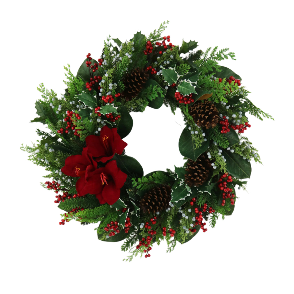 XM14182 MIXED PINE/AMARYLLIS/HOLLY WREATH 26" – Green Import Limited